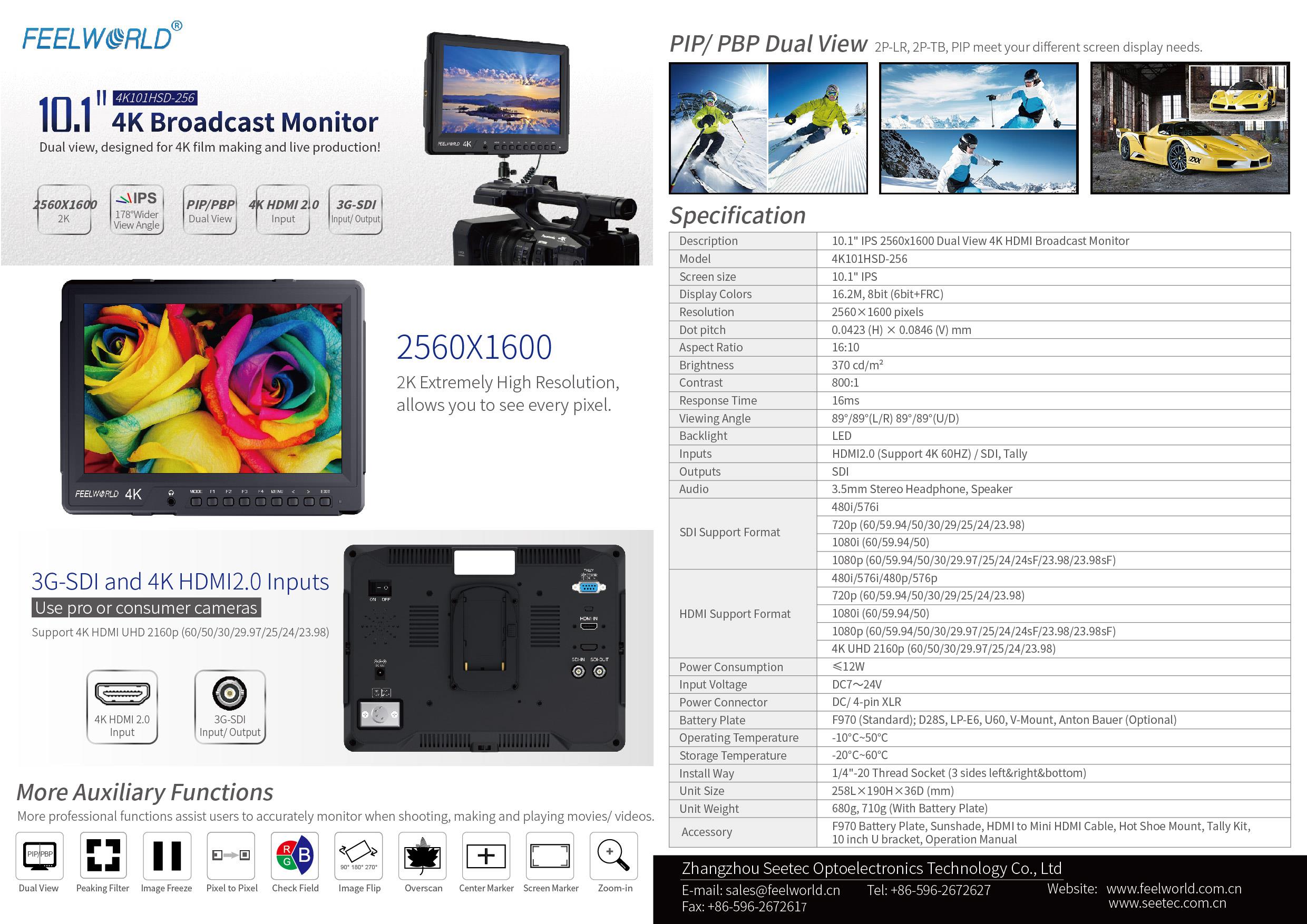 FEELWORLD 10.1" 4K Broadcast Monitor with HDMI2.0 3G-SDI IPS 2560X1600 ...